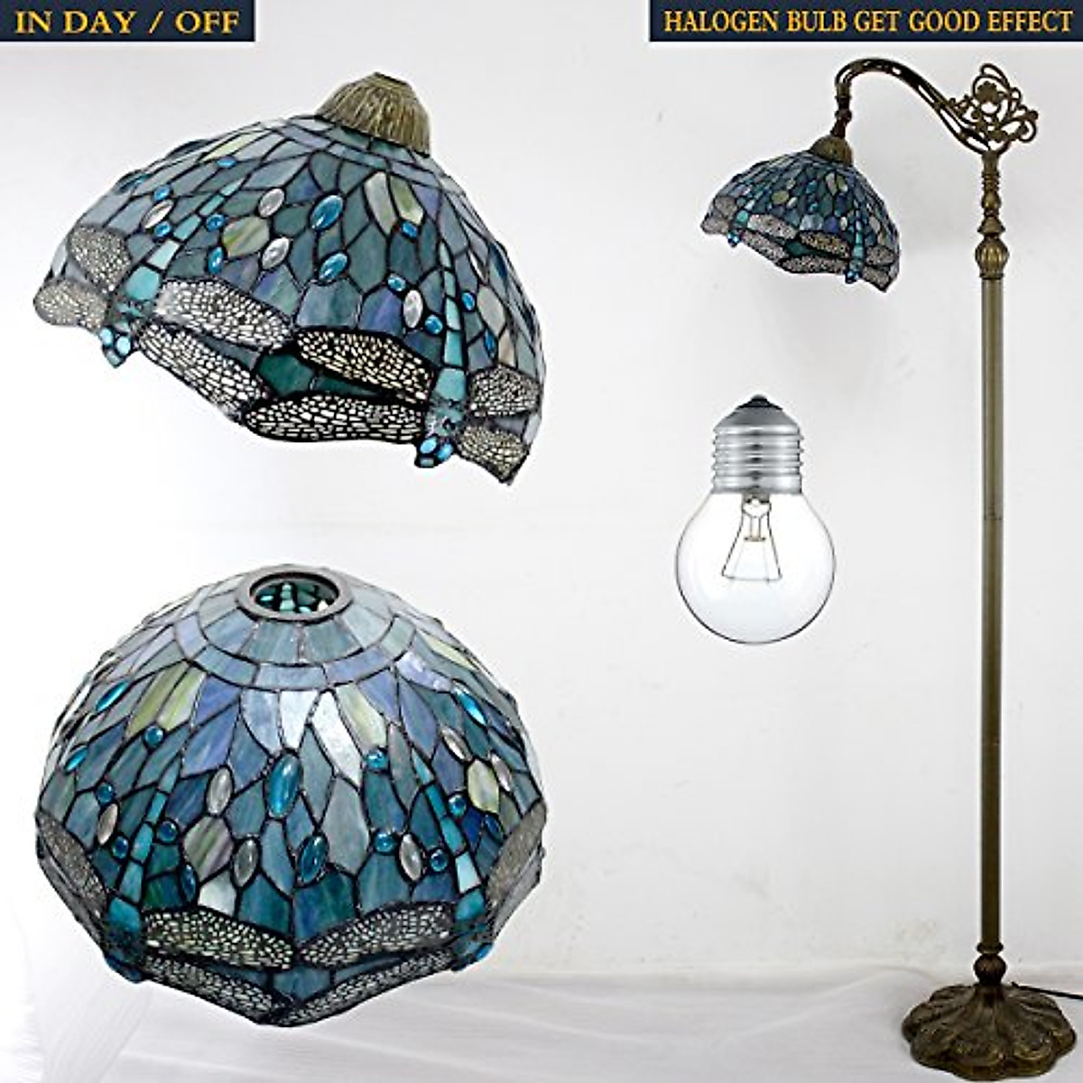 WERFACTORY Tiffany Floor Lamp Sea Blue Stained Glass Dragonfly Arched Lamp 12X18X64 Inches Gooseneck Adjustable Corner Standing Reading Light Decor Bedroom Living Room S147 Series