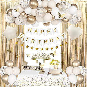 Birthday Decorations for Women, White Sand Beige Cream Neutral Gold Foil Balloons Table Cloth Sash Crown Curtains Happy Birthday Banner Golden Star Garland Butterfly Boho Party Supplies
