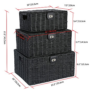 Honygebia Black Wicker Storage Baskets - Set of 3 Decorative Nesting Boxes with Lids, Woven Basket with Lock & Handle, Organizer for Beauty Makeup Bathroom Decor