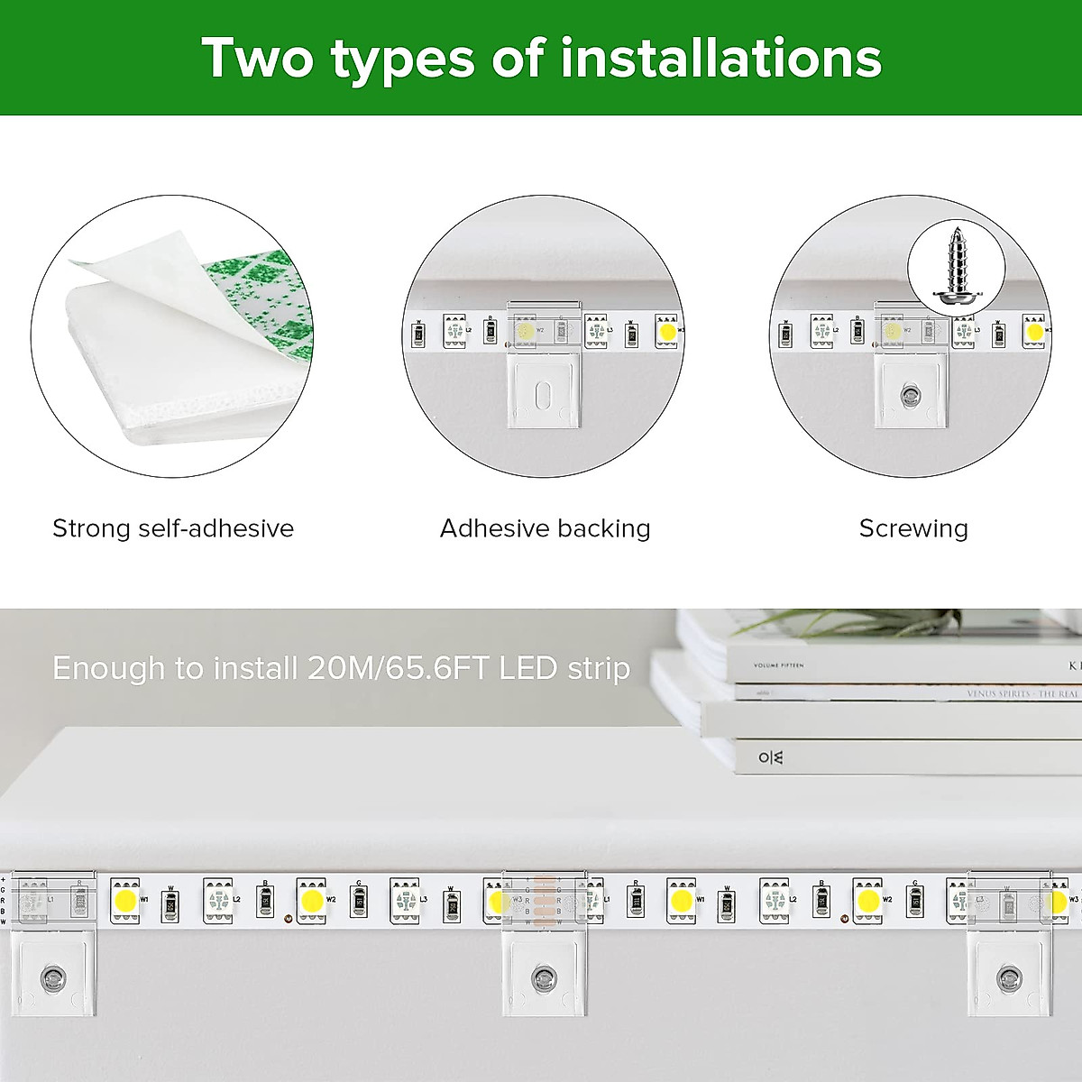 Hysmigor transparent Strip Light Clips, Self Adhesive with Screws Mounting Holder, 50Pcs LED Strong Fixing Clips And Screws For 0.39in/10mm Width IP30/65 2-4PIN Strip Lights,Fairy Lights,String Lights