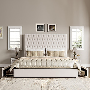 King Size Bed Frame 55" Tall Headboard with Gorgeous Button Tufted and Nail, Velvet Fabric Upholstered Bed Frame includes 4 Under-bed Storage Drawers, Wooden Slats, Noise-Free, Easy Assembly, Beige