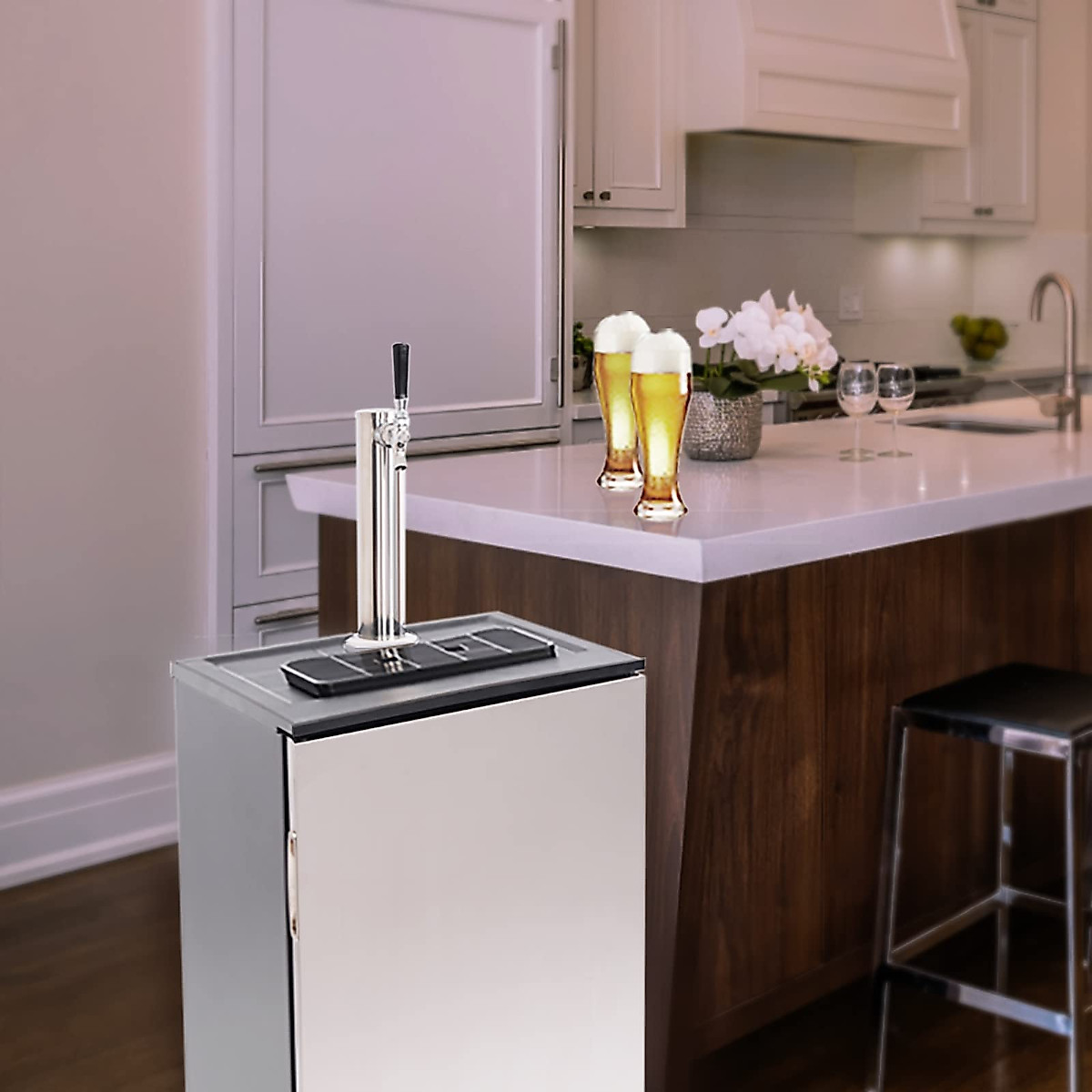 BHTOP Kegerator, Draft Beer Dispenser, Stainless Steel Beverage Cooler，Mounted CO2 Cylinder, Temperature Control, Drip Tray & Rail | Fits 1/6 Kegs