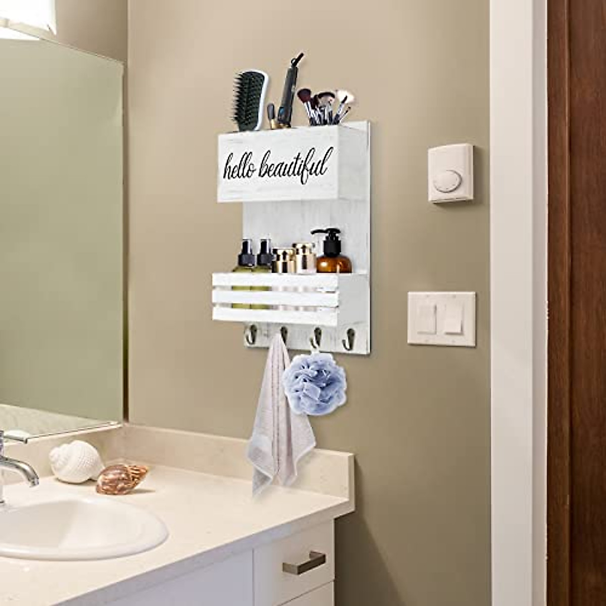 Rustic Hair Tool Organizer Wall Mount, 2 Layer Hair Dryer Holder Wall Mounted, Bathroom Hair Care and Styling Tool Organizer for Wall, Hair Accessories Organizer with Shelf for Makeup, Toiletries