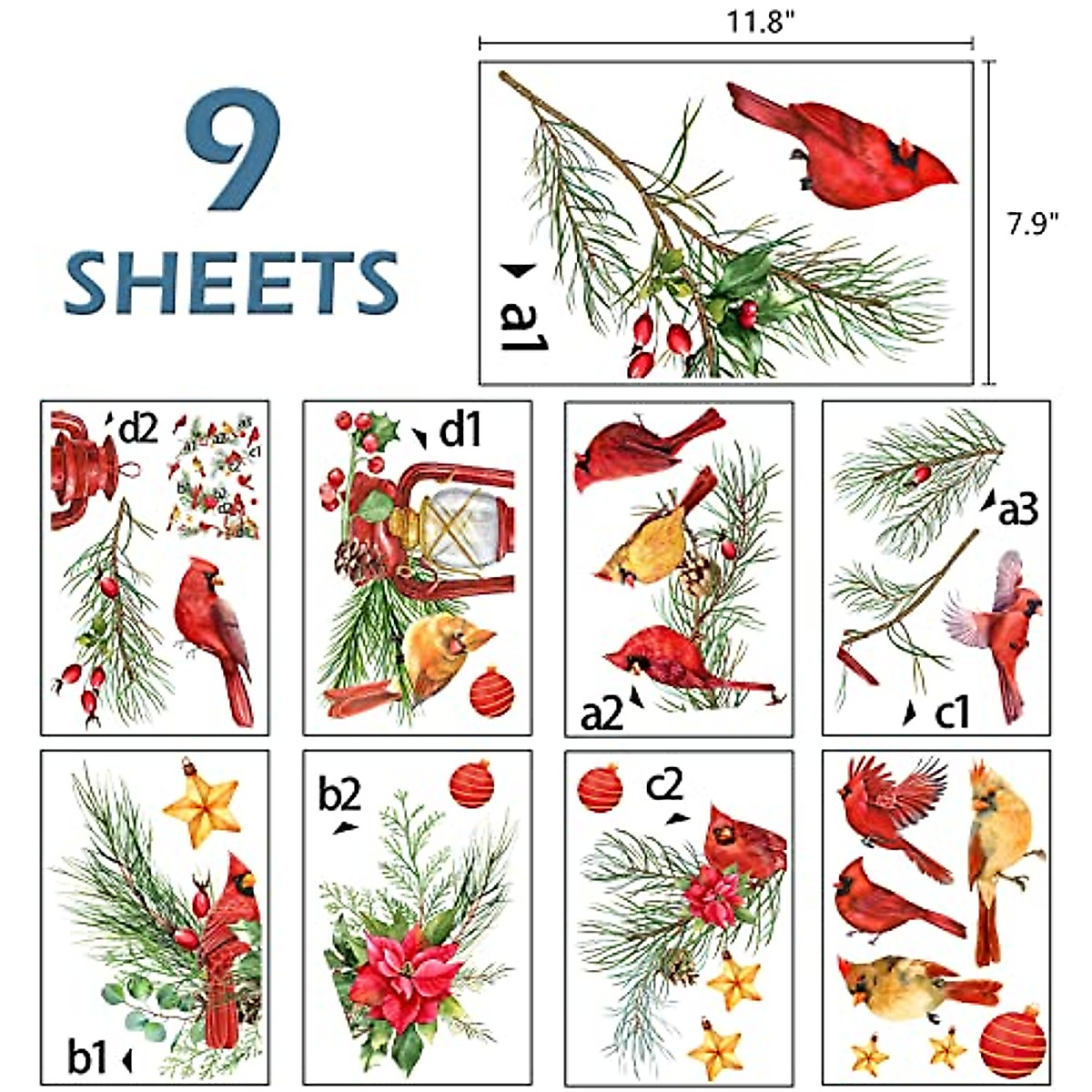 Mfault Winter Cardinals Window Clings 9 Sheets, Christmas Red Birds Glass Stickers Decal Poinsettia Pine Cone Bedroom Decorations, Xmas Kerosene Lamp Tree Branches Home Kitchen Living Room Decor