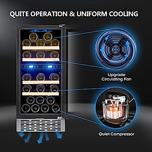 Karcassin Dual Zone 15 Inch Wine Cooler, 28 Bottle Wine Fridge with Stainless Steel Tempered Glass Door, Fit Red & White Wine, Built-in or Freestanding