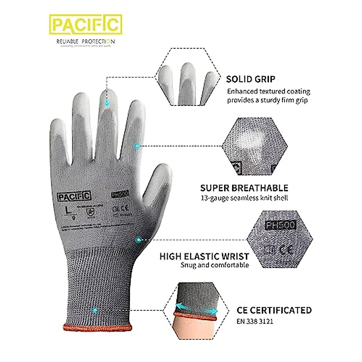 PACIFIC PPE Work Gloves for Men and Women, Touchscreen Working Gloves, 12 Pairs Bulk Pack Mechanic Gloves, PU Coated, Mens Gardening Gloves, Lightweight, Grey, Large