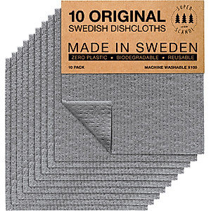 SUPERSCANDI Swedish Dishcloths for Kitchen Grey 10 Pack Reusable Compostable Kitchen Cloth Made in Sweden Cellulose Sponge Swedish Dish Cloths for Washing Dishes