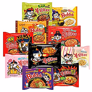 DYNAMART Samyang Buldak Chicken Stir Fried Ramen Korean Ramen (10 Flavor Combo, 10 Pack) 10 Different Flavor Spicy Chicken Noodle, Buldak Instant Noodle Variety Pack (Original, Extra Hot, Stew, Carbonara, Jjajang, Curry, Kimchi, Habanero, Cream Carbonara,
