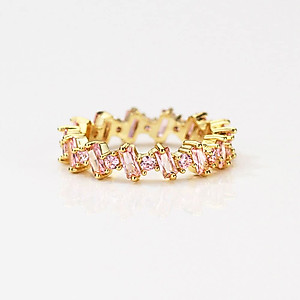 Michooyel 18K Gold Plated Eternity Band Ring Pink Cubic Zirconia Baguette Statement Ring for Women