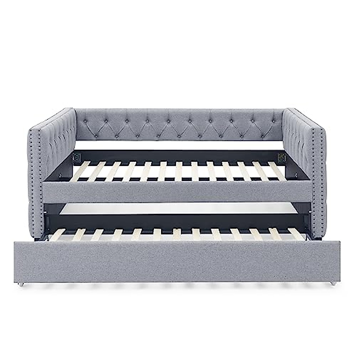 Sofa Bed, Sleeper Sofa- 2 in 1 Pull Out Couch Bed, Sofa Sleeper with Pull Out Bed, with Button and Copper Nail on Square Arms，Full Daybed & Twin Trundle, Grey（85“x57”x31.5“）