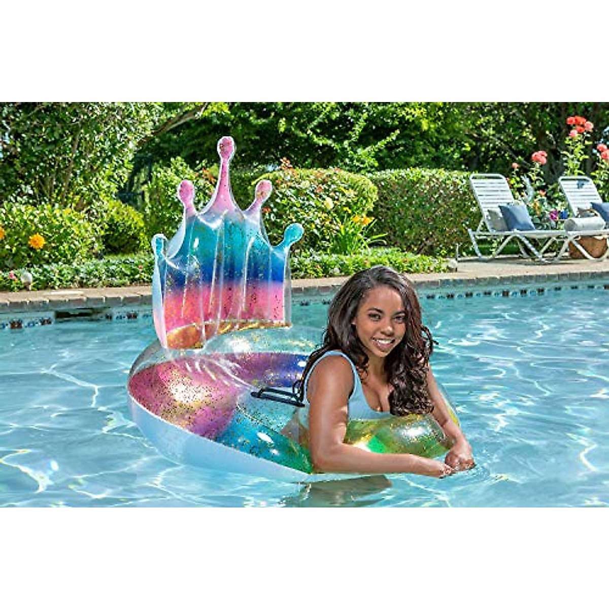Poolmaster Swimming Pool Float Rainbow Glitter Tiara Tube, Multi Large
