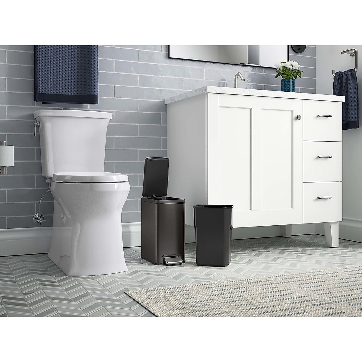 KOHLER 31319-BST Bathroom Trash Can, 1.6 Gallon, 6-Liter Step Can, Quiet-Close Small Trash Can with Foot Pedal, Black Stainless