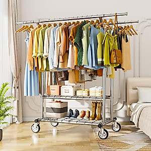 HYSEYY Clothes Rack Clothing Rack 620 LBS,Heavy Duty Clothes Rack with Wheels,Rolling Clothing Racks for Hanging Clothes,Portable& Adjustable Clothes Wardrobe Organizer,Sliver