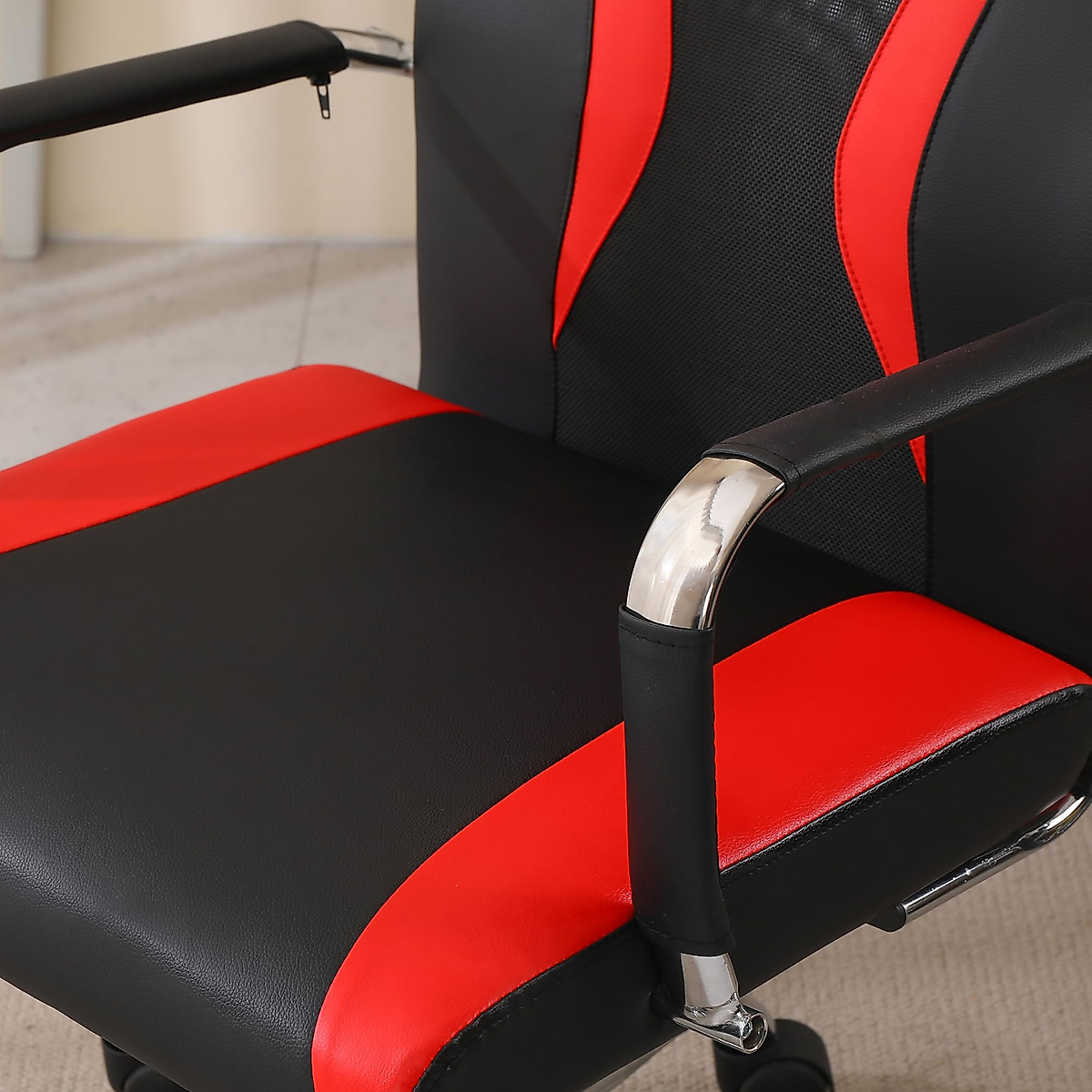 Black and Red Office Desk Chair with Wheels Arm, Leather Ergonomics Desk Chairs Computer Home Office Sturdy Chair