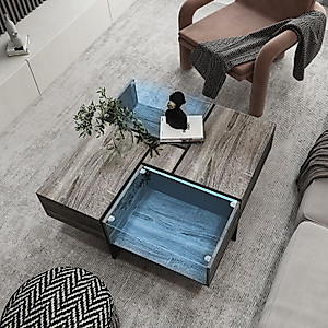 Furnnylane LED Coffee Table with 2 Drawers,Square Coffee Table with Storages for Living Room,Grey,35.4" D x 35.4" W x 15.7" H