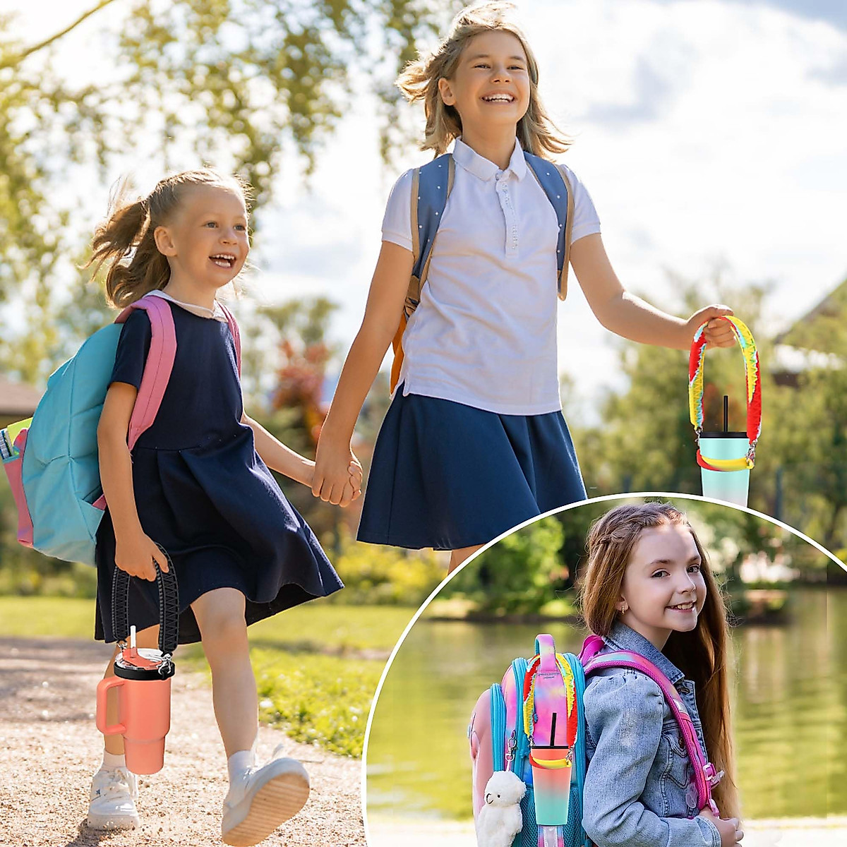 Palksky Water Bottle Strap, Silicone Strap for Water Bottle Sling Handle Waterproof Quick Drying with Safety Ring Carabiner for Most 8-40oz Bottles Compatible with Stanley Cup Accessories Black