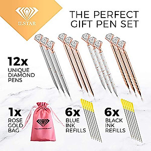 12 Big Diamond Ballpoint Pens Rose Gold – 12 Ink Refills Black & Blue, Fancy Gift Bag for Women Girls Bridesmaid Coworker, Top Cute Office Supplies Cool School Crystal Bling Jewel Writing Pen Bulk Set