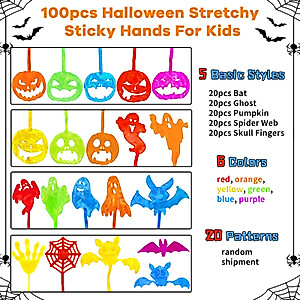 Tuzuaol 100 Pack Halloween Sticky Hands Party Favors Supplies for Kids, Ghost Pumpkin Skull Fingers Bat Spider Web Sticky Stretchy Hand Toys Gifts for Boys Girls