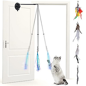 MEWTOGO Hanging Door Cat Toy, Retractable Interactive Cat Feather Toys with Super Suction Cup and 5 Replaceable Feathers, Suction Window Cat Teaser Toy for Indoor Cats Kitten Play Chase Exercise