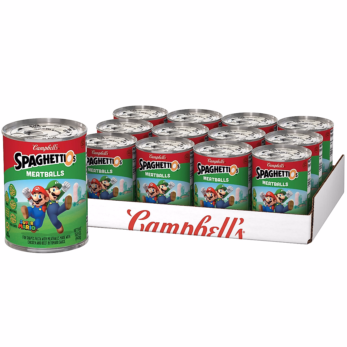 SpaghettiOs Super Mario Bros Canned Pasta with Meatballs, 15.6 oz Can (Pack of 12)