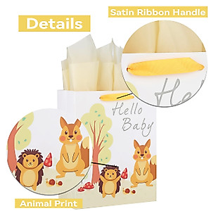 13" Large White Gift Bag Set with Greeting Card and Tissue Papers (Hello Baby Design) for Girls' Birthday Party, Baby Shower, Baby Girl or Boy - 10.2”x5.2”x13”, 1 Pcs.