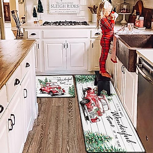 KIMODE Christmas Kitchen Rugs Set of 2,Red Truck Xmas Tree Kitchen Rugs and Mats,Anti Fatigue Non Slip Kitchen Floor Mat,Farmhouse Comfort Standing Mat,Christmas Decorations for Home Kitchen