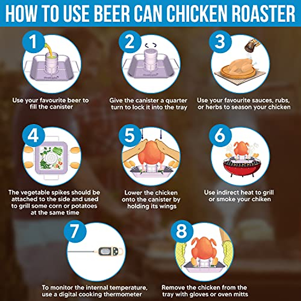 Sheshapho BBQ Beer Can Chicken Roaster Stand - 4 Vegetable Spikes - Stainless Steel Vertical Roasting Holder - for Grill, Oven or Smoker - Complete with Silicone Brush and Pair of Silicone Grips