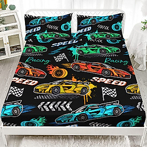 HOSIMA Child's Cartoon Sports Car Fitted Sheet 3Piece Set with 2 Pillowcases,Racing Car Bedding for Boys and Girls,Fast and Furious Extreme Sport Games Fitted Sheet,Black Twin Fitted Sheet Set.