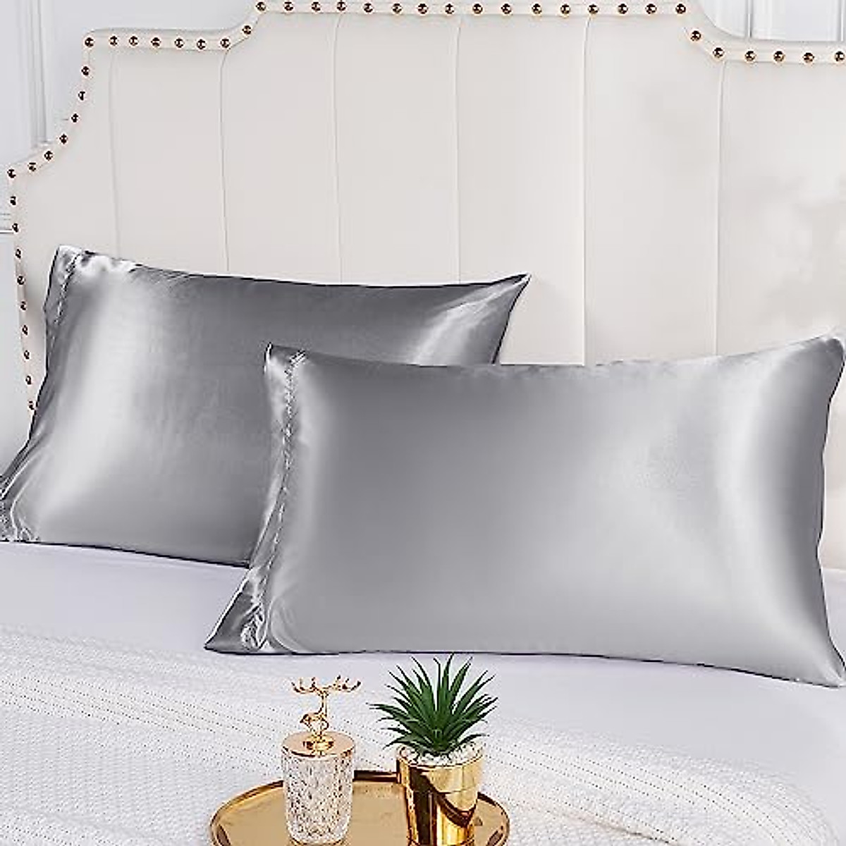 LXMGED Satin Silk Pillowcases for Skin and Hair,Set of 2 Satin Pillow Cases for Women with Envelope Closure,Soft Breathable Smooth Cooling Silk Pillow Covers for Gifts，Silver Grey，Standard (20" x 26")