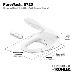 KOHLER 28229-0 K-28229-0 PureWash E725 Elongated Bidet Toilet Seat with Remote Control, White