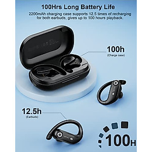 STADOR True Wireless Earbuds Bluetooth Headphones 100hrs Playback with Microphone Ear Hook in-Ear Buds Waterproof Earphones for Sports (Black)