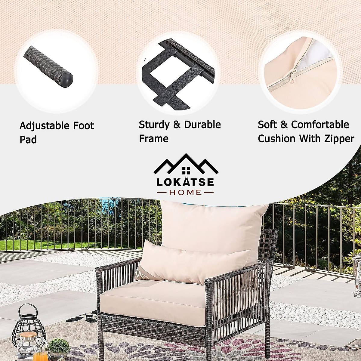 LOKATSE HOME 2 Piece Patio Dining Club Chairs Wicker Rattan Furniture Thick Cushion Seat, Beige