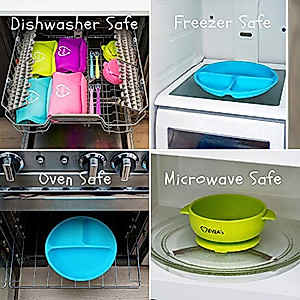 EVLA'S Baby Feeding Set, Baby Led Weaning Supplies, Adjustable Silicone Bibs, Divided Plate, Suction Bowl with Lid, Soft Spoons for Babies or Toddlers, Baby Registry must have!