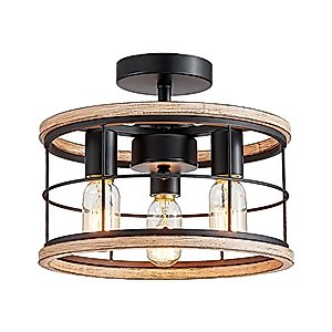 Semi Flush Mount Ceiling Light Fixture Vintage Ceiling Light Farmhouse Ceiling Light White Wood Grain Metal Cage Ceiling Lamp for Kitchen Dining Room Hallwa Bedroom Living Room (White Wood Grain)