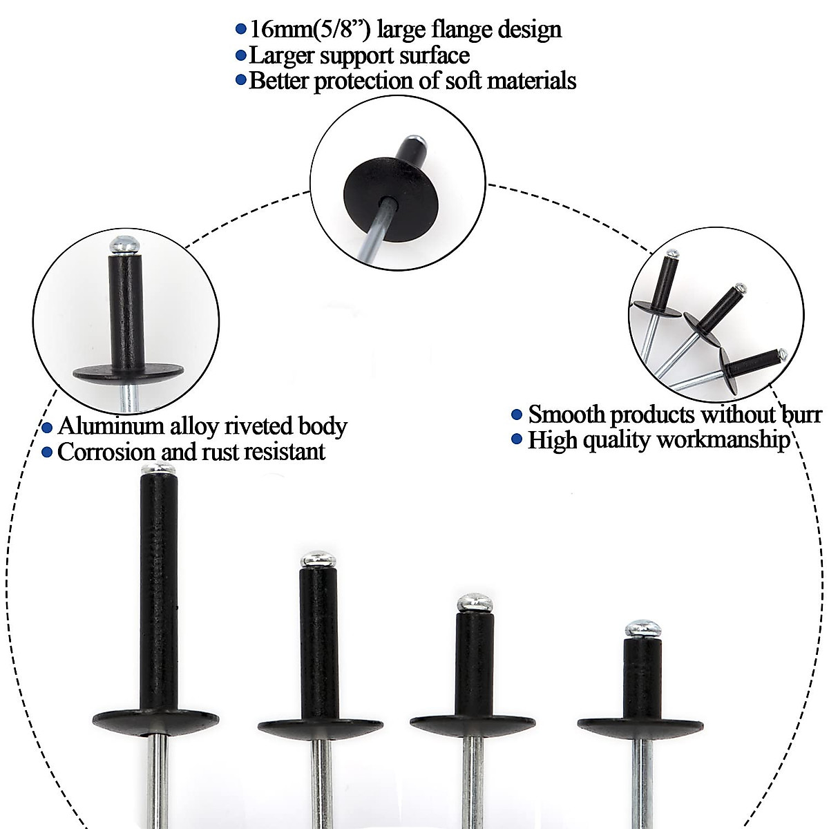 Alloypro 60pcs Black Large Flange Blind Rivets, Aluminum,Flange Diameter 5/8" (16 mm),Pop Rivets Assortment Kit Blind Rivet,3/16" x 3/8",Grip Range(3-6mm)