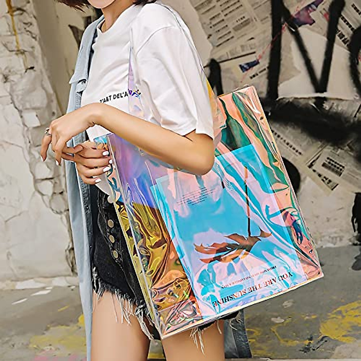 inheming Iridescent Clear Tote Bags, Fashion Holographic Clear Handbag for Women Christmas Gift, Large Transparent Stadium Concert Work Bag