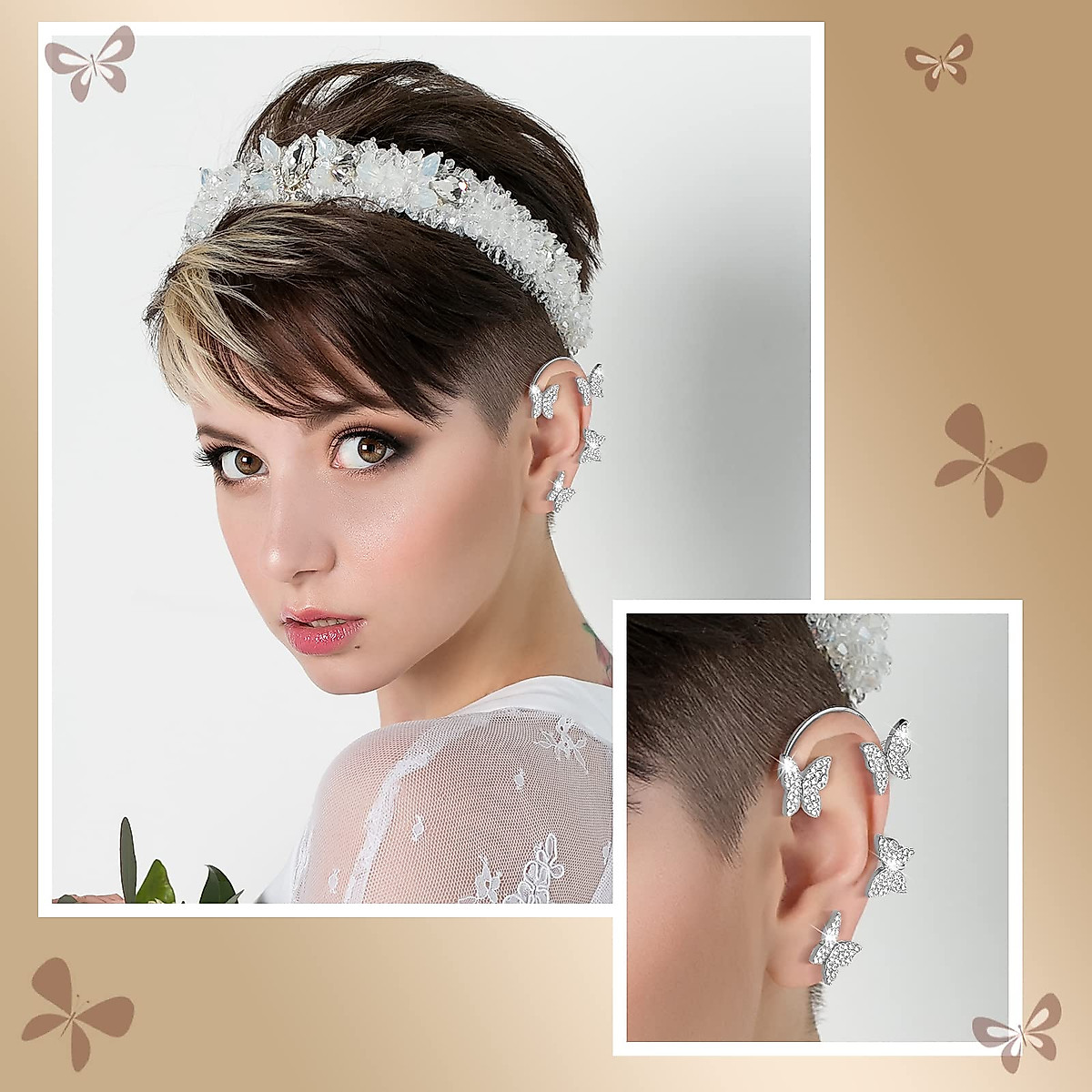 Bonuci 4 Pcs Butterfly Ear Cuff Earrings Glitter Rhinestone Butterfly Ear Cuff for Women Wrap Crawler Earrings No Piercing Butterfly Ear Clip Wrap Around Fake Earrings (Gold, Silver,Regular Style)