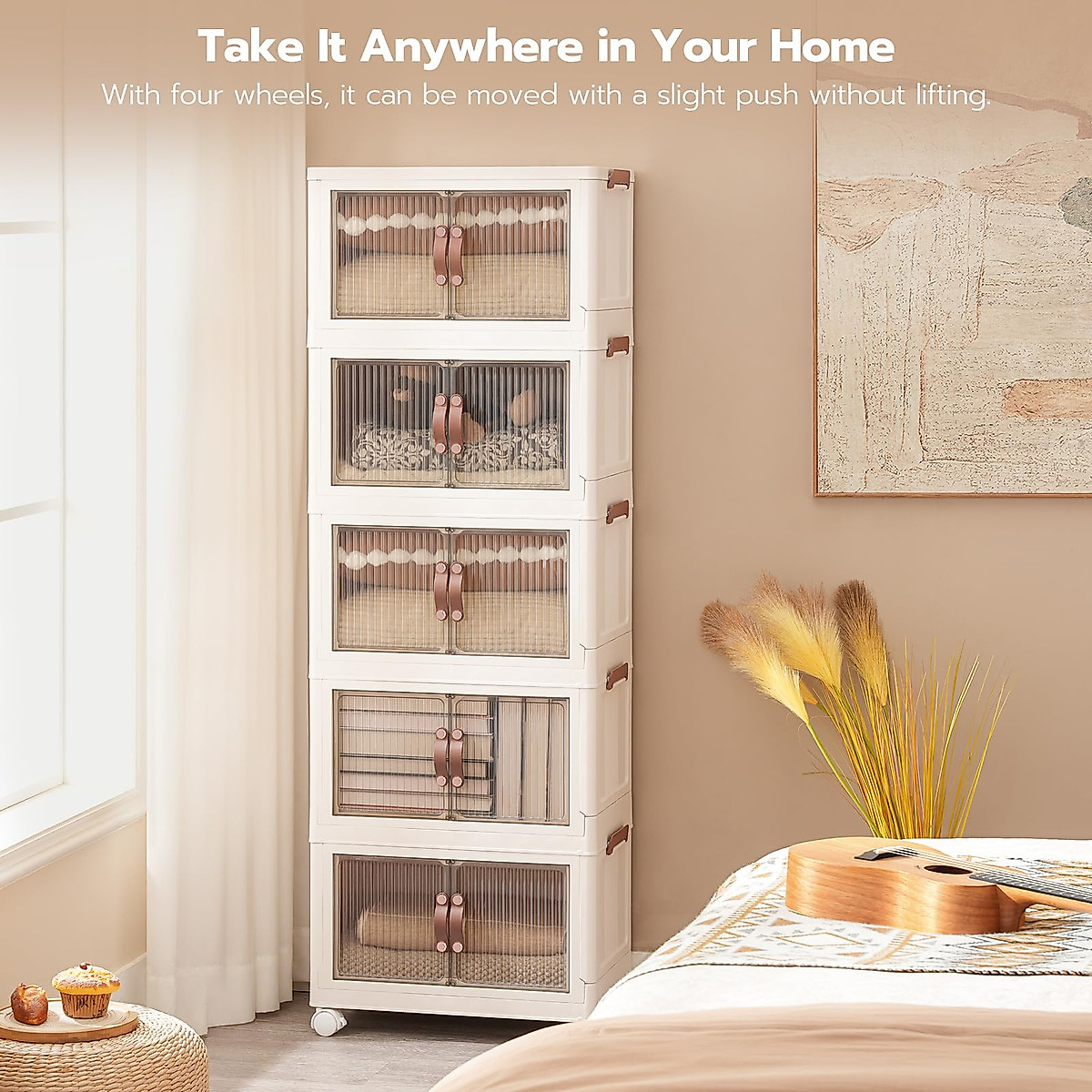 HOOBRO 11 Gal Plastic Storage Bins with Lids, 5 Packs Folding Storage Box with Doors and Wheels, Collapsible Storage Bins Stackable Storage Organizers and Storage Containers Box, White WG542CW01