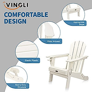 VINGLI Plastic Adirondack Chairs Set of 2 with Ottoman, Folding with Cup Holder, Waterproof HDPE Material, 380lb Weight Capacity for Outdoor Pool Patio Lounge Chair Lawn Furniture Firepit (White)