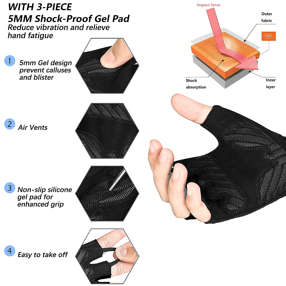 MOREOK Cycling Gloves Bike Gloves for Men/Women-[5MM Gel Pad] Biking Gloves Half Finger Bicycle Gloves Exercise Workout Gloves for Cycling/Weight Lifting/Gym/Motorcycle/Rowing-black-128-XXL