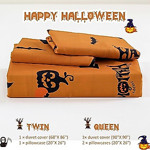 Xruibed Halloween Duvet Cover Set Twin - Pumpkin Bat Orange Bedding With Pillowcase, Horror Comforter Cover for Kids Teens, 2 Pieces, 68"x 86"
