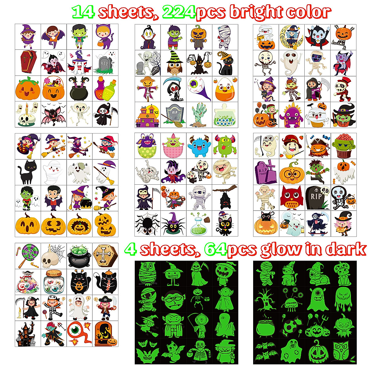 288PCS Assorted Halloween Tattoos for Kids Party Favors - Temporary Tattoo for Goody Bags Fillers Trick Or Treat Gifts - Includes Pumpkin/Skull/Ghost/Monster