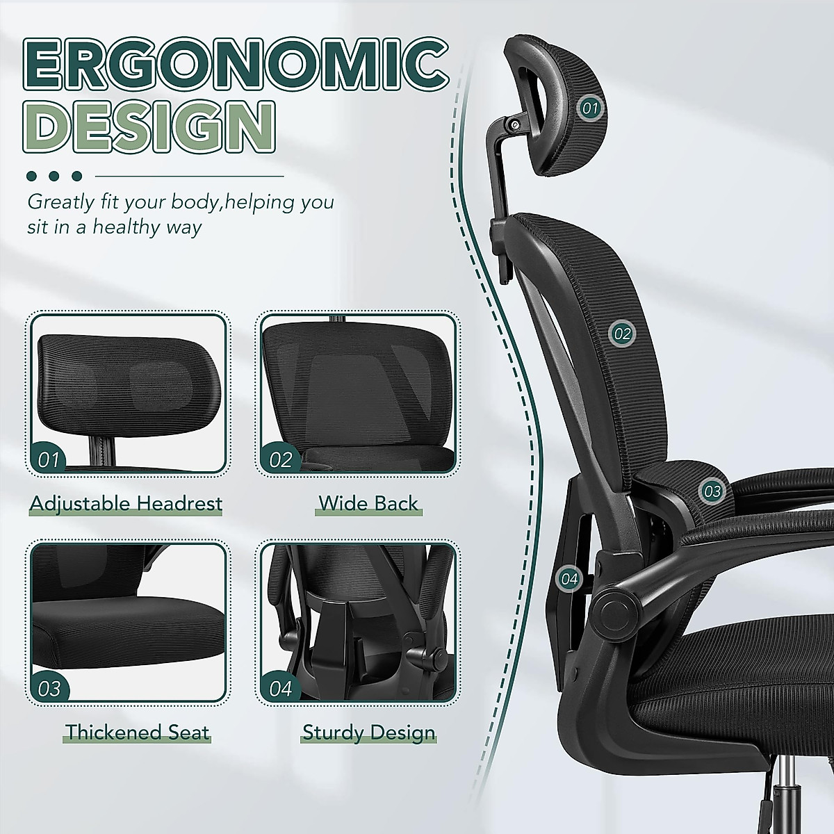 Shahoo Ergonomic Office Chair, High Back with Breathable Mesh Seat,Adjustable Lumbar Support, Headrest and Flip-up Arms, Black