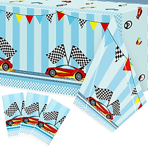 BkeeCten 3PCS Racing Car Party Tablecloth Decoration Checkered Flag Race Car Disposable Plastic Rectangular Table Covers for Kids Boys Birthday Racing Car Party Baby Shower Decor Supplies, 54X108inch