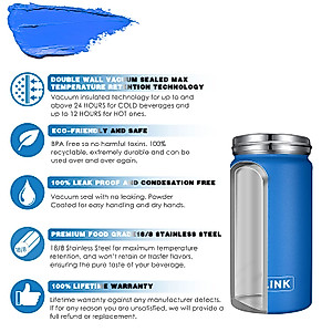 GLINK 12oz Kids Stainless Steel Water Bottle with Straw, Wide Mouth Double Wall Vacuum Insulated Water Bottle Leakproof for Toddler, Straw Lid and Spout Lid with New Rotating Rubber - Sapphire