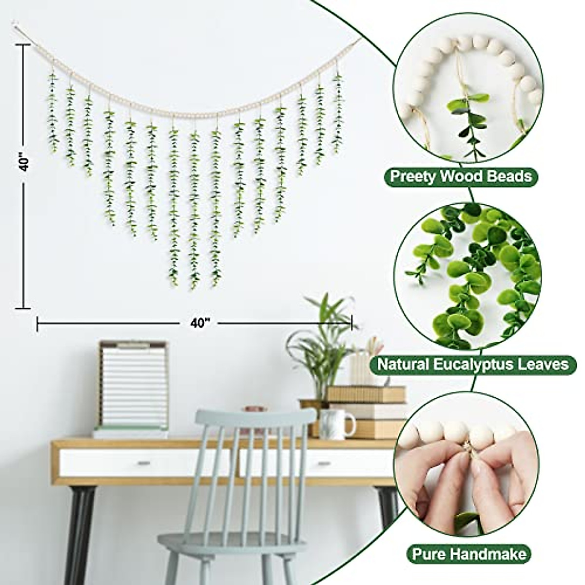 Yastouay Clearance 40" Artificial Eucalyptus Hanging Wall Decor with 6.56Ft Light Boho Wall Decor Wooden Beads Garland Fake Eucalyptus Plant Faux Fake Greenery Vines for Bathroom Bedroom Nursery
