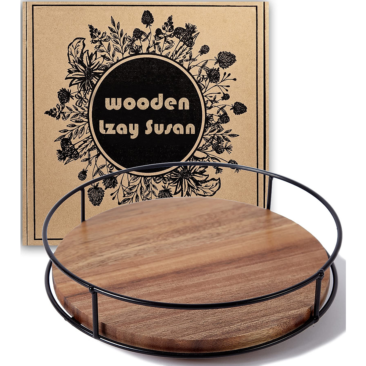 9" Acacia Wood Lazy Susan Turntable, Tomoaza Kitchen Organizer Turntable with Steel Sides, 360 Degree Turntable for Countertop Cabinet or Dining Table(Black)