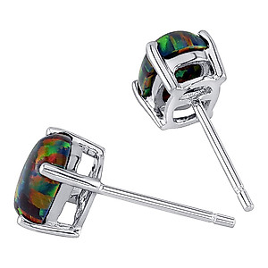 Peora Solid 14K White Gold Created Black Fire Opal Earrings for Women, Classic Solitaire Studs, 7x5mm Oval Shape, 1 Carat total, Friction Back