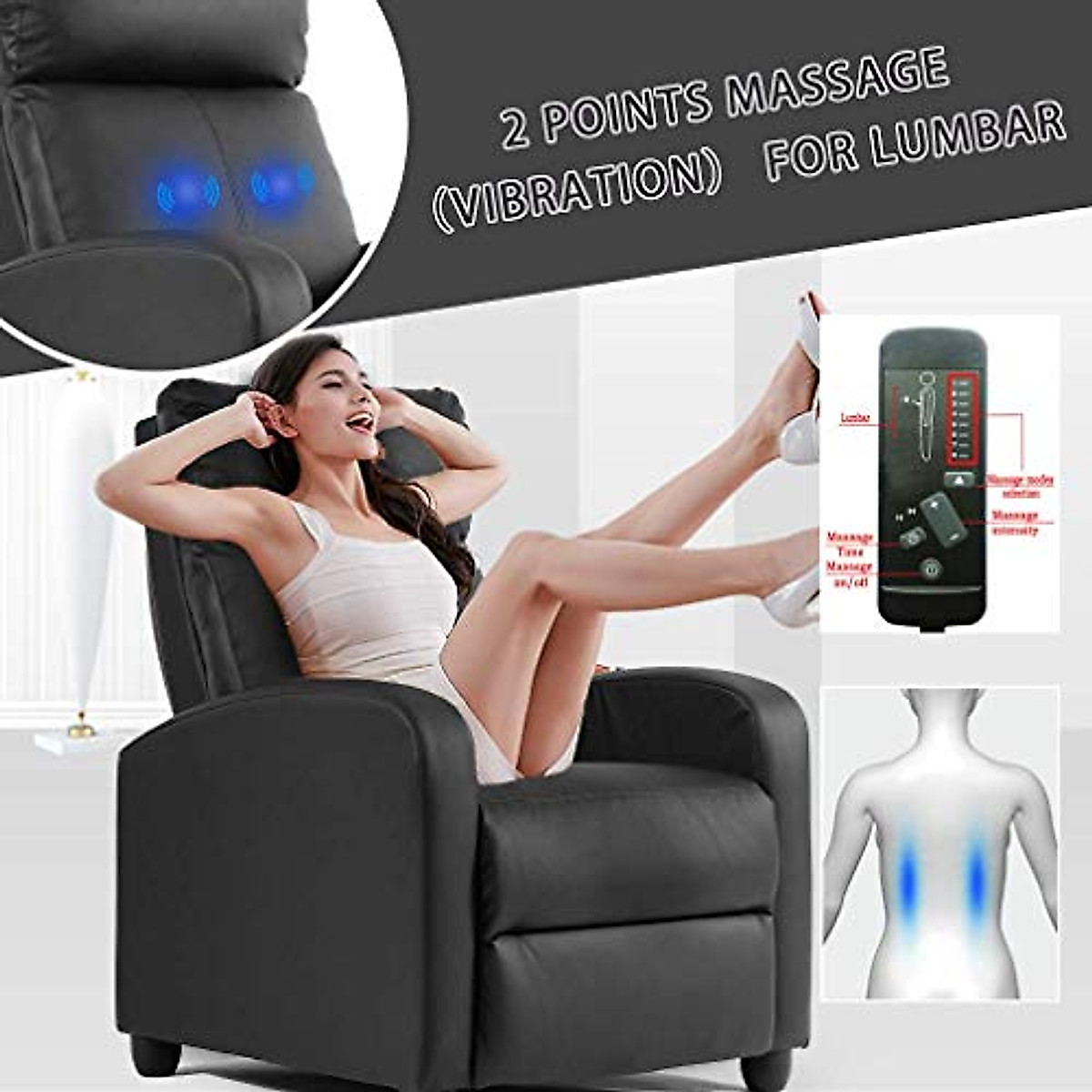 Recliner Chair for Living Room Massage Recliner Sofa Reading Chair Winback Single Sofa Home Theater Seating Modern Reclining Chair Easy Lounge with PU Leather Padded Seat Backrest (Black)