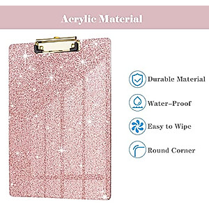 WAVEYU Acrylic Clipboard, Glitter Pink Clipboard for Women Girls, Stardard Letter Size Clipboard with Low Profile Gold Clip Designed for Classroom School and Office Use, A4 Size 12.5" x 9", Rose Gold